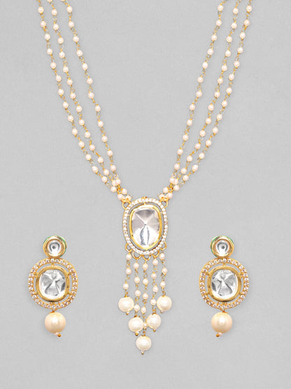 Shop Rubans 24K Gold Plated Kundan Studded Pearl Beaded Necklace Set Online at Rubans